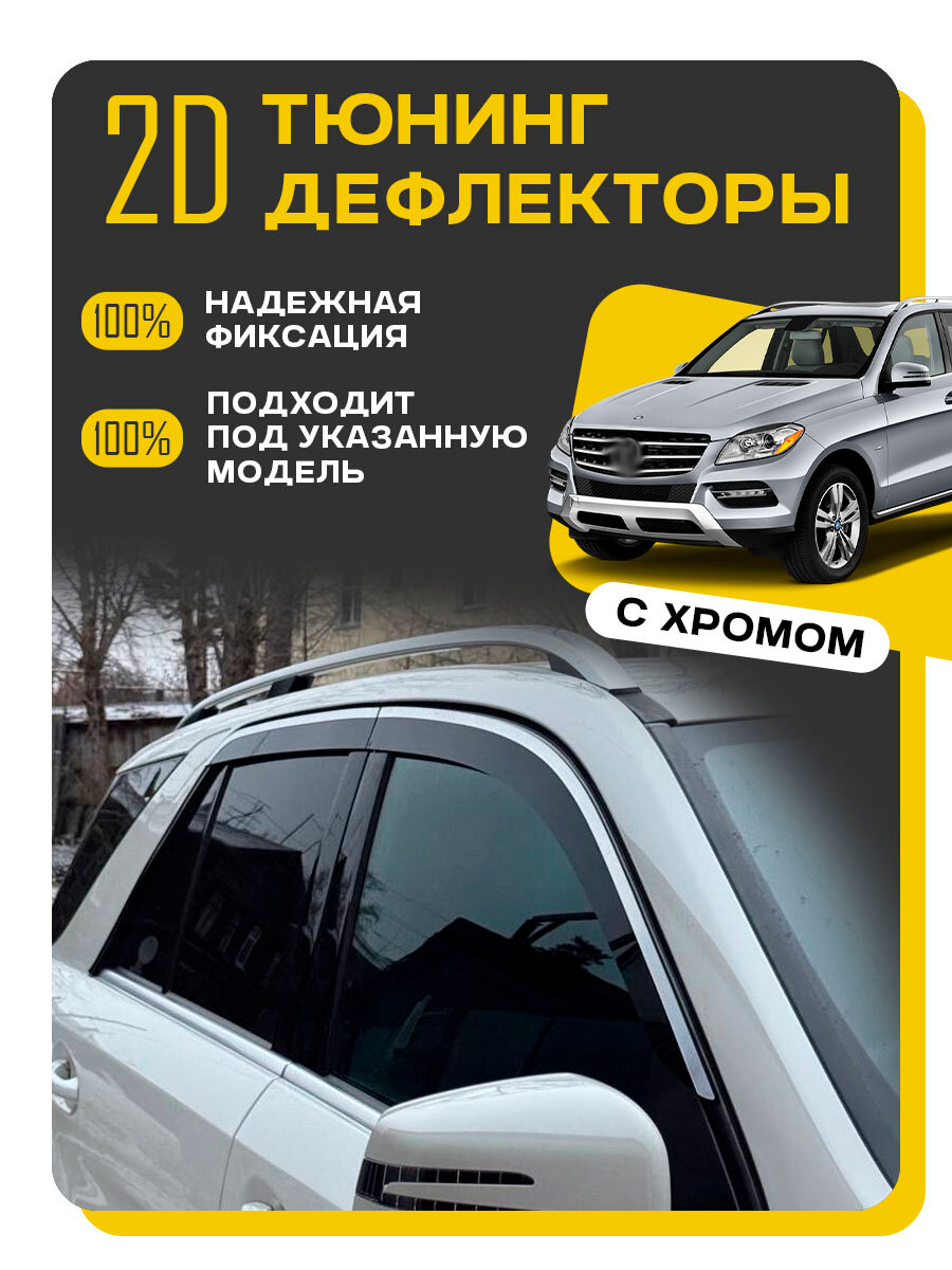 Плоские тюнинг дефлекторы с хромом для Mercedes M W166 (2011-2015) 2d дефлекторы на Мерседес М кузов 166. Комплект 4 шт.