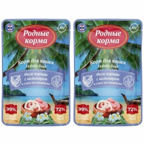 Родные Корма Влажный корм для кошек Морская серия, Суп филе курицы с кальмаром в бульоне по-азиатски, 85г, 2шт