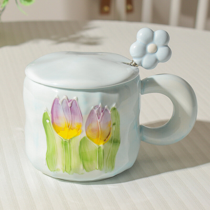 Симпатичная керамическая кружка в форме тюльпана для девочек, с крышкой и ложкой, идеально подходит для пар или для домашнего использования.