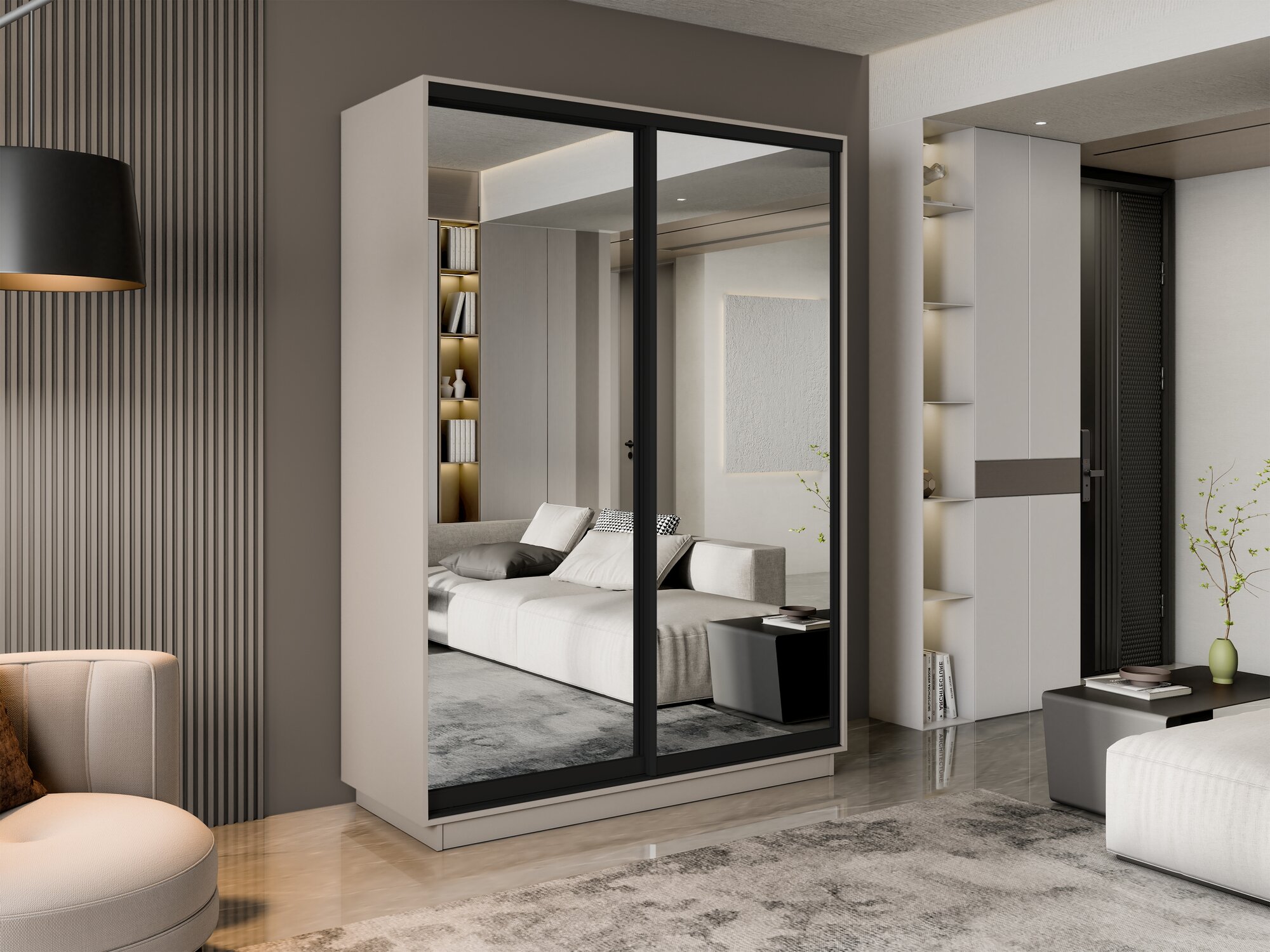 Шкаф купе Вилли 2-х дверный ЛДСП, зеркальные двери, профиль черный 120 см х 220 см х 60 см (Кашемир)