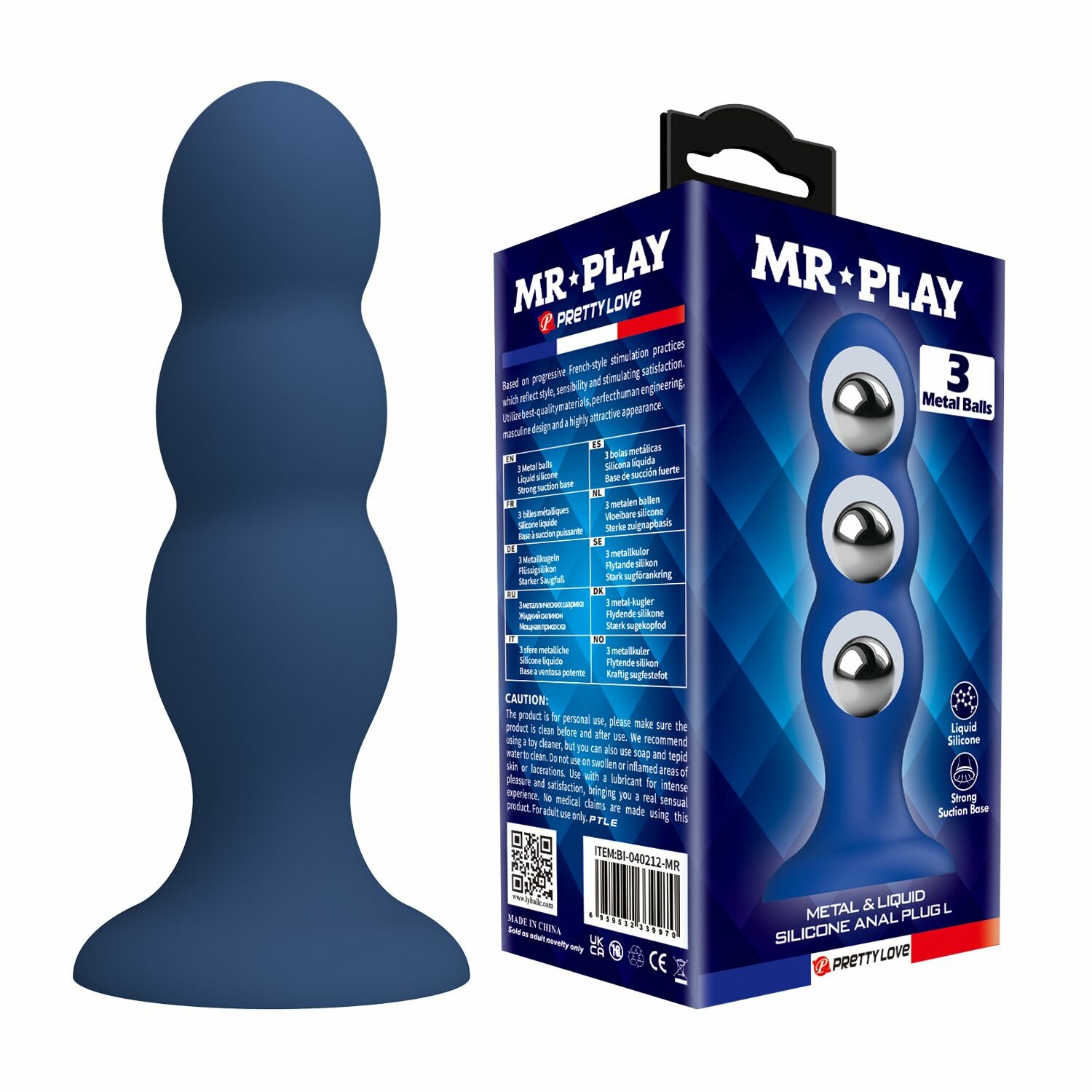 Анальная пробка с тремя шариками внутри Baile Mr. Play Metal & Liquid Silicone Anal Plug L