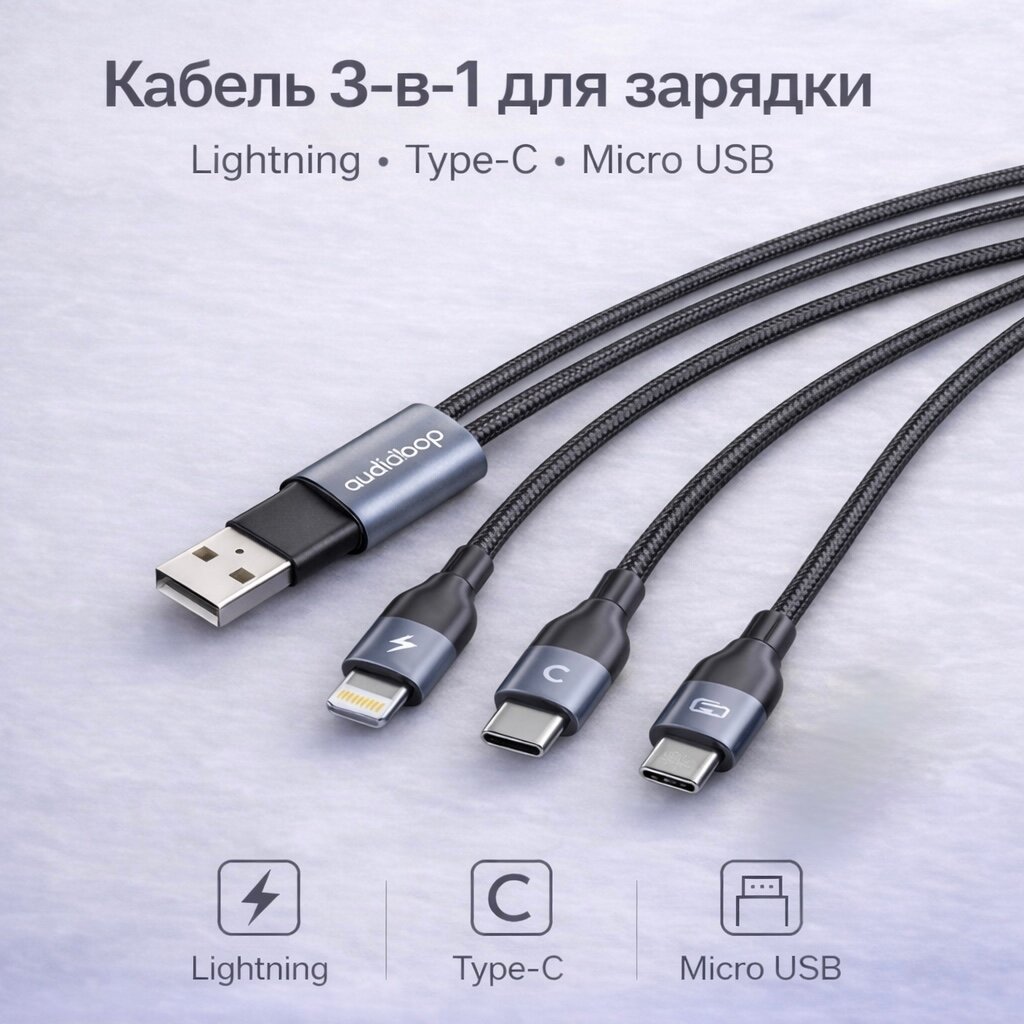 Кабель USB/Type C для зарядки Oudiobop OP-920, 3 в 1, черный