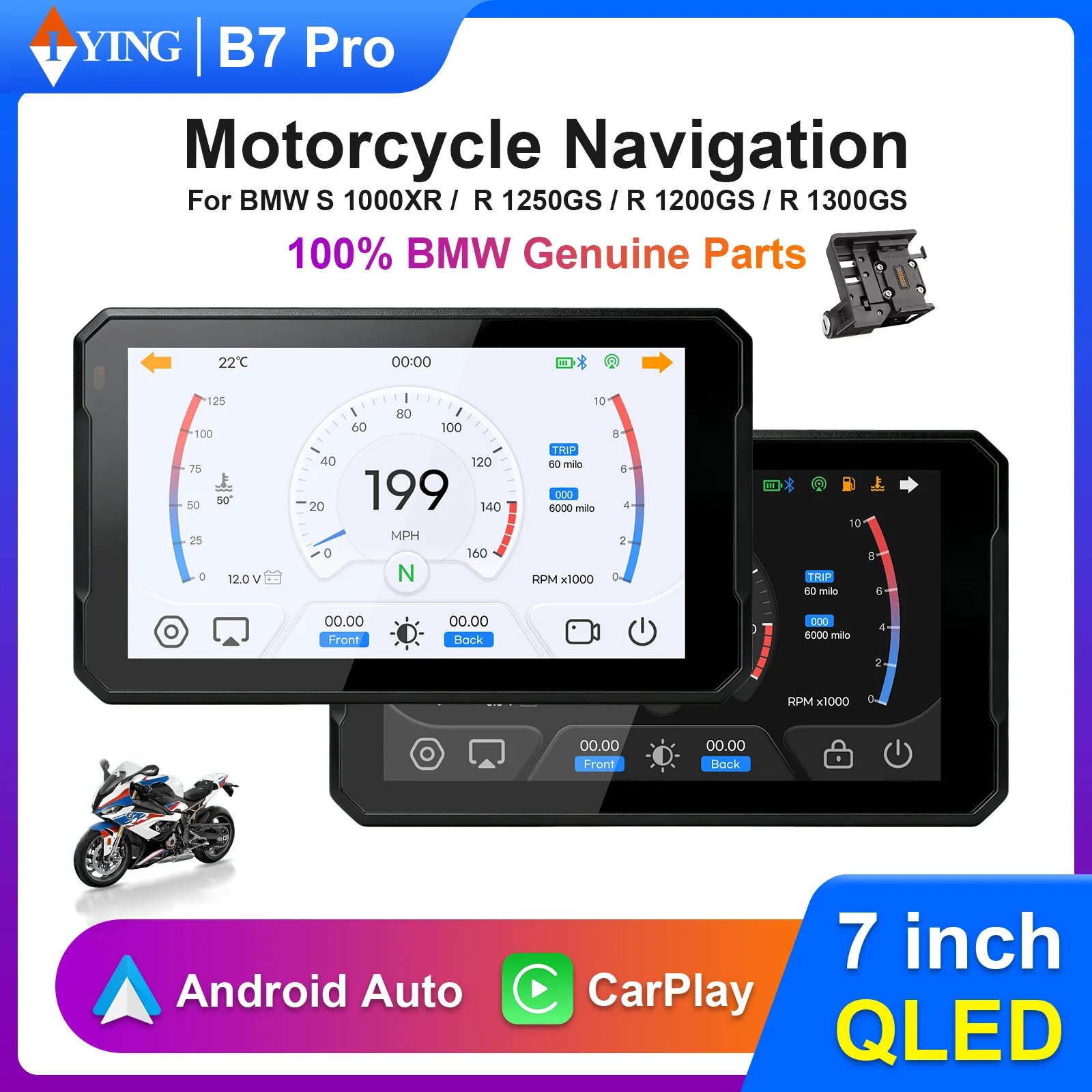 Портативный мотоциклетный навигатор IYING CarPlay для BMW XR, S1000XR, R1200GS, R1250GS, R1300GS, 7 дюймов, с поддержкой CarPlay и Android Auto