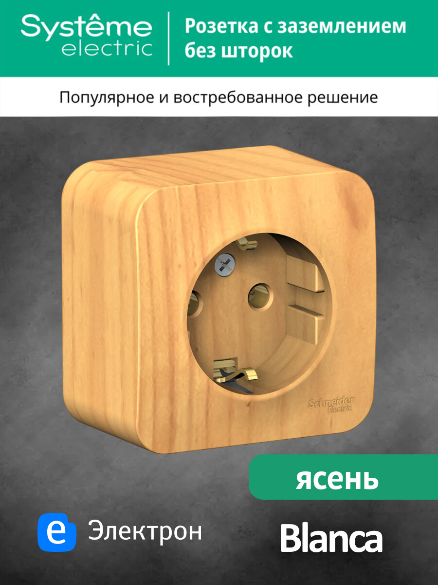 Розетка Systeme Electric Blanca с заземлением, без шторок, ясень, для открытой проводки, BLNRA010115