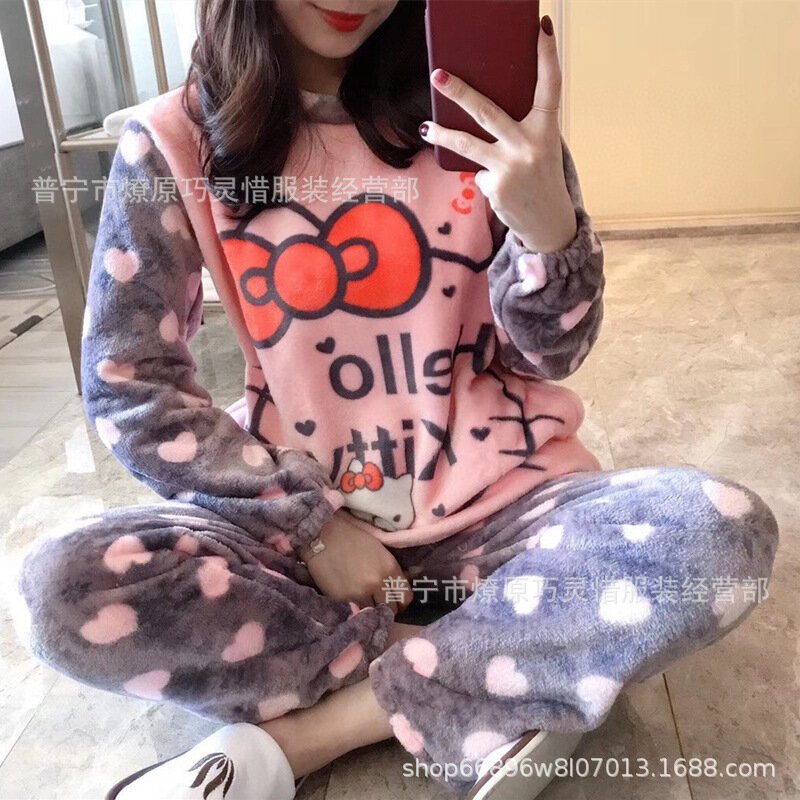 Женская пижама из кораллового флиса, милый стиль Hello Kitty, на флисовой подкладке, плотная и тёплая, новинка зимы 2025 года, размер：S-XL