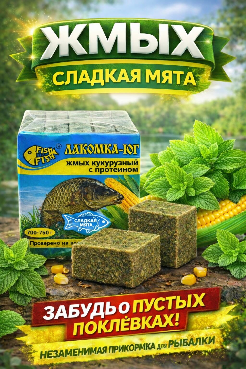 Жмых кукурузный с протеином Лакомка - "Сладкая мята" 20 кубиков, кукурузный с протеином, прикормка для карпа и карася