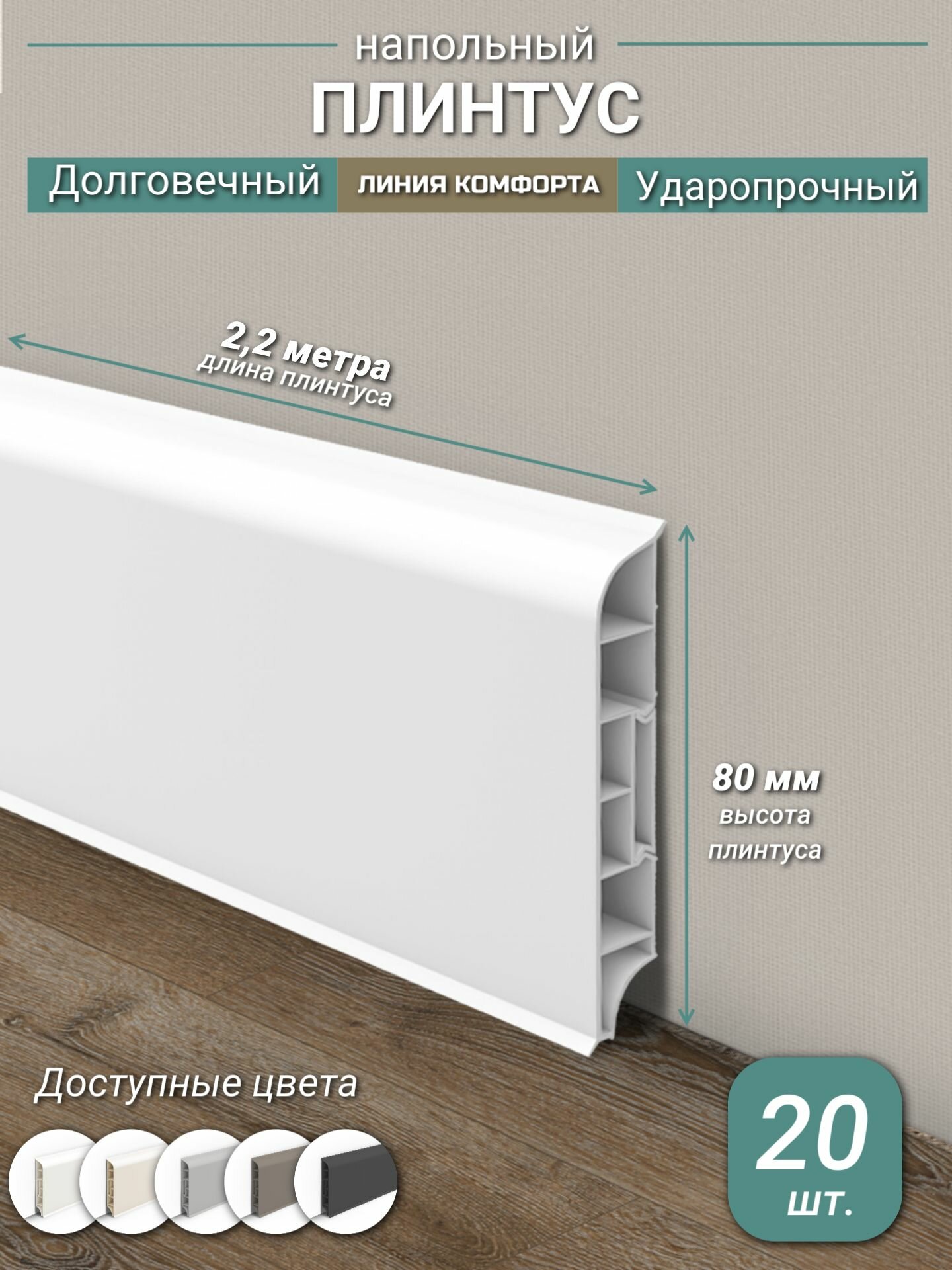 Плинтус Ideal, ПВХ, матовый, влагостойкий, ударопрочный, с кабель-каналом, 2,2 м, округлый, Белый - 20 шт.