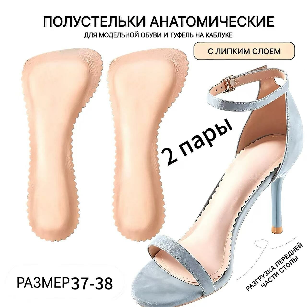Стельки противоскользящий женские для босоножек/туфель. Размер 37-18