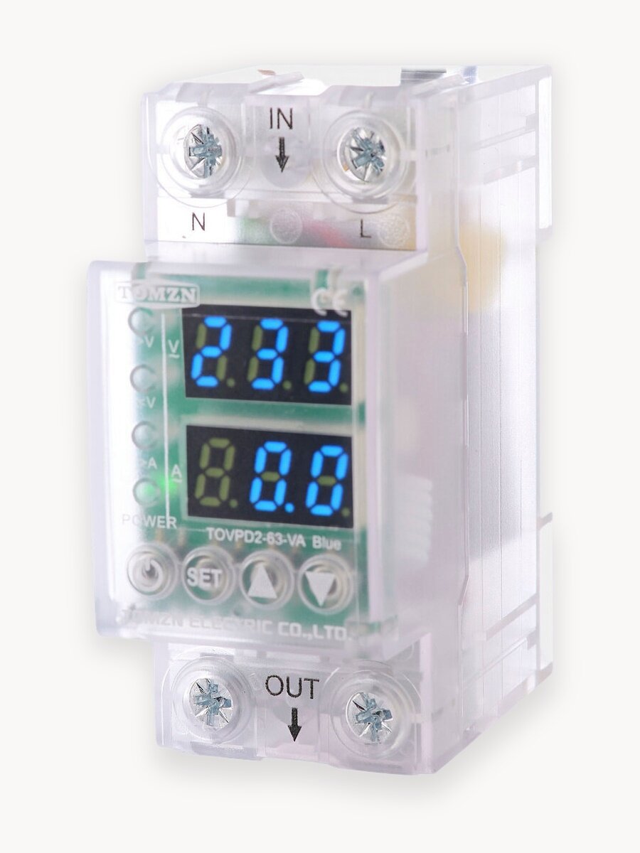 Реле напряжения TOMZN TOVPD2-63-VA, 63А, защита от перенапряжения/понижения, синяя подсветка