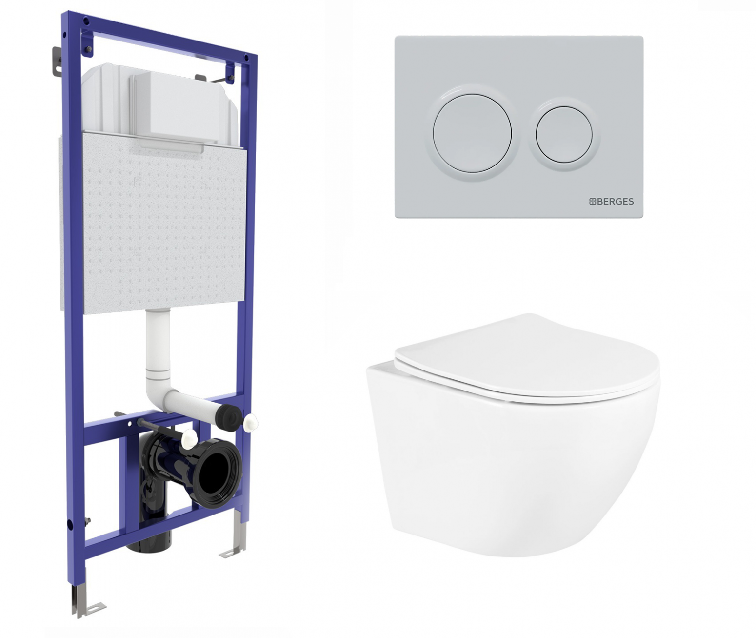 Комплект 3 в 1 инсталляция Berges Novum O4 + Подвесной унитаз BelBagno Uno BB3105CHR/SC с кнопкой белой