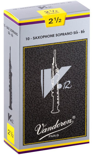 Soprano saxophone reeds Vandoren V12 SR6025 - V12 soprano saxophone reed with longer palette, thicker heel and tip with strength 2.5. Price per pack of 10 pieces