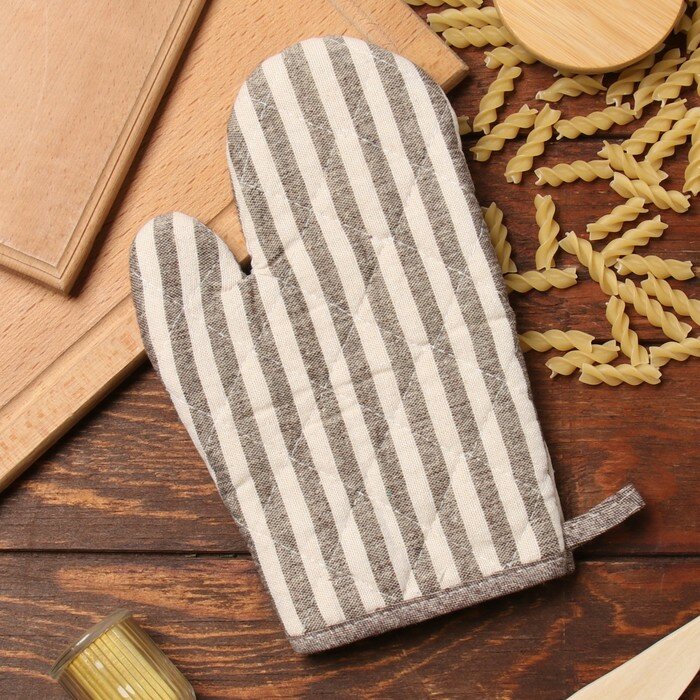 Варежка-прихватка Доляна Полоса цв. коричневый 25х17см,50% п/э 50% хл