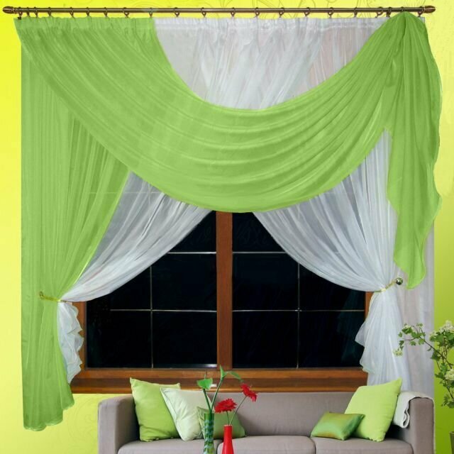 Кухонные шторы из цветного тюля и белого тюля на одной ленте под крючки ЖА-453 цвет салатовый