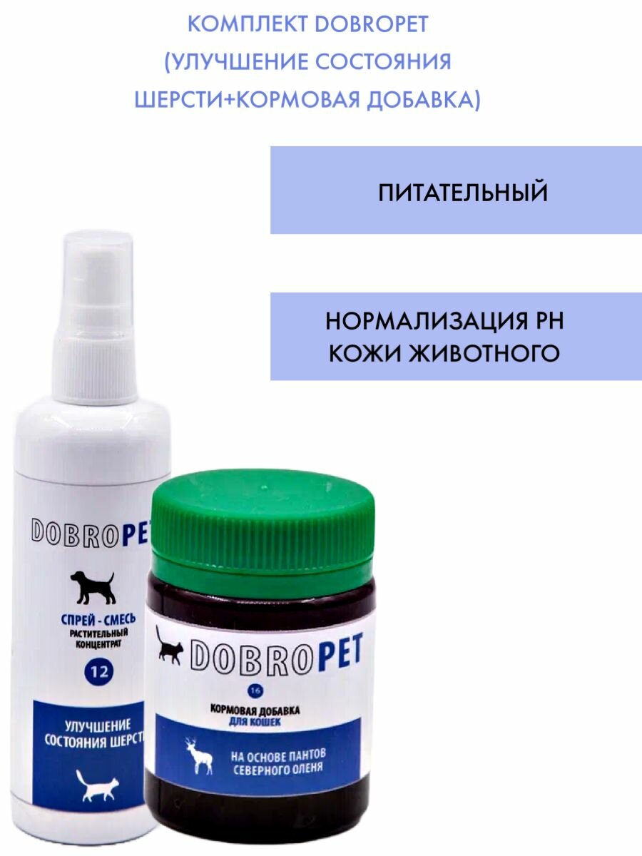 Набор DOBROPET-12: Спрей для улучшение состояния шерсти и Кормовая добавка для кошек, 2 шт.