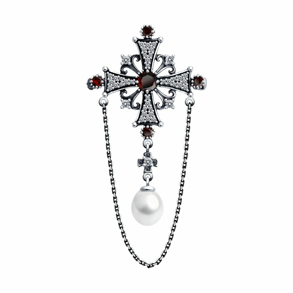 Брошь, серебро, 925 проба, гранат, жемчуг пресноводный культивированный, фианит