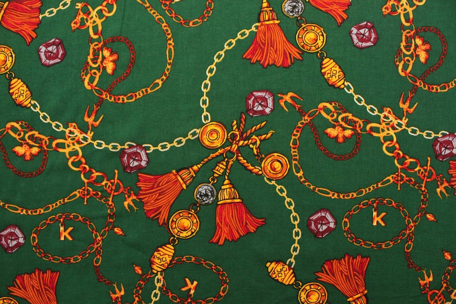 Ткань Вискоза блузочно-плательная золотые цепи на зелёном, 150 г/пм, ш138см, 0,5 м