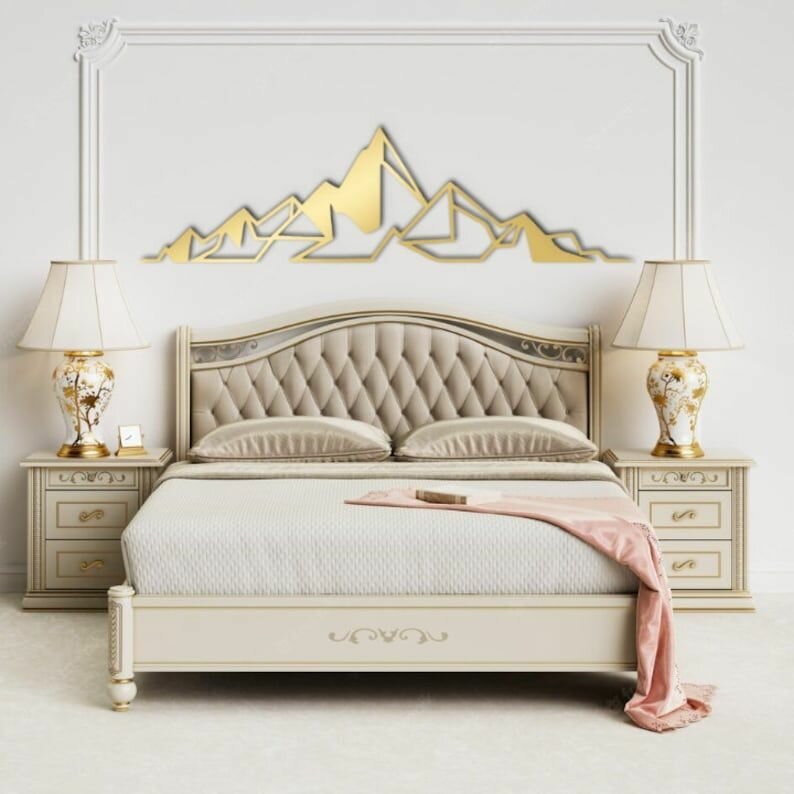 Декоративное панно деревянное, Горный пейзаж (матовое золото)