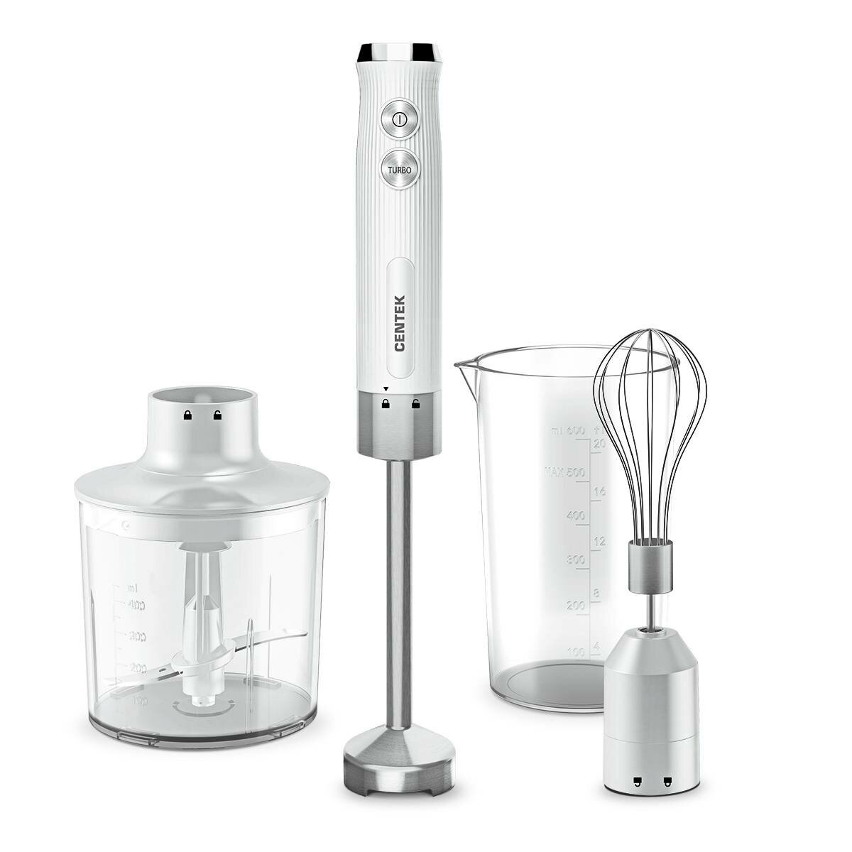 Блендер CENTEK CT-1349 White (1000Вт, Турбо-режим, стальная насадка, стакан 600 мл, чоппер, венчик)