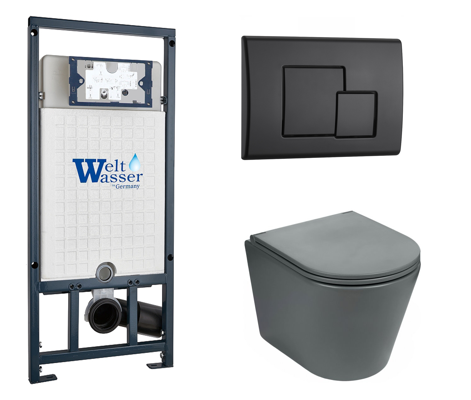Комплект 3 в 1 инсталляция WeltWasser WW Marberg 507 + Подвесной унитаз WeltWasser Salzbach 043 MT-GR серый с кнопкой черной SE 10000005949 + 10000010239 + 10000003767