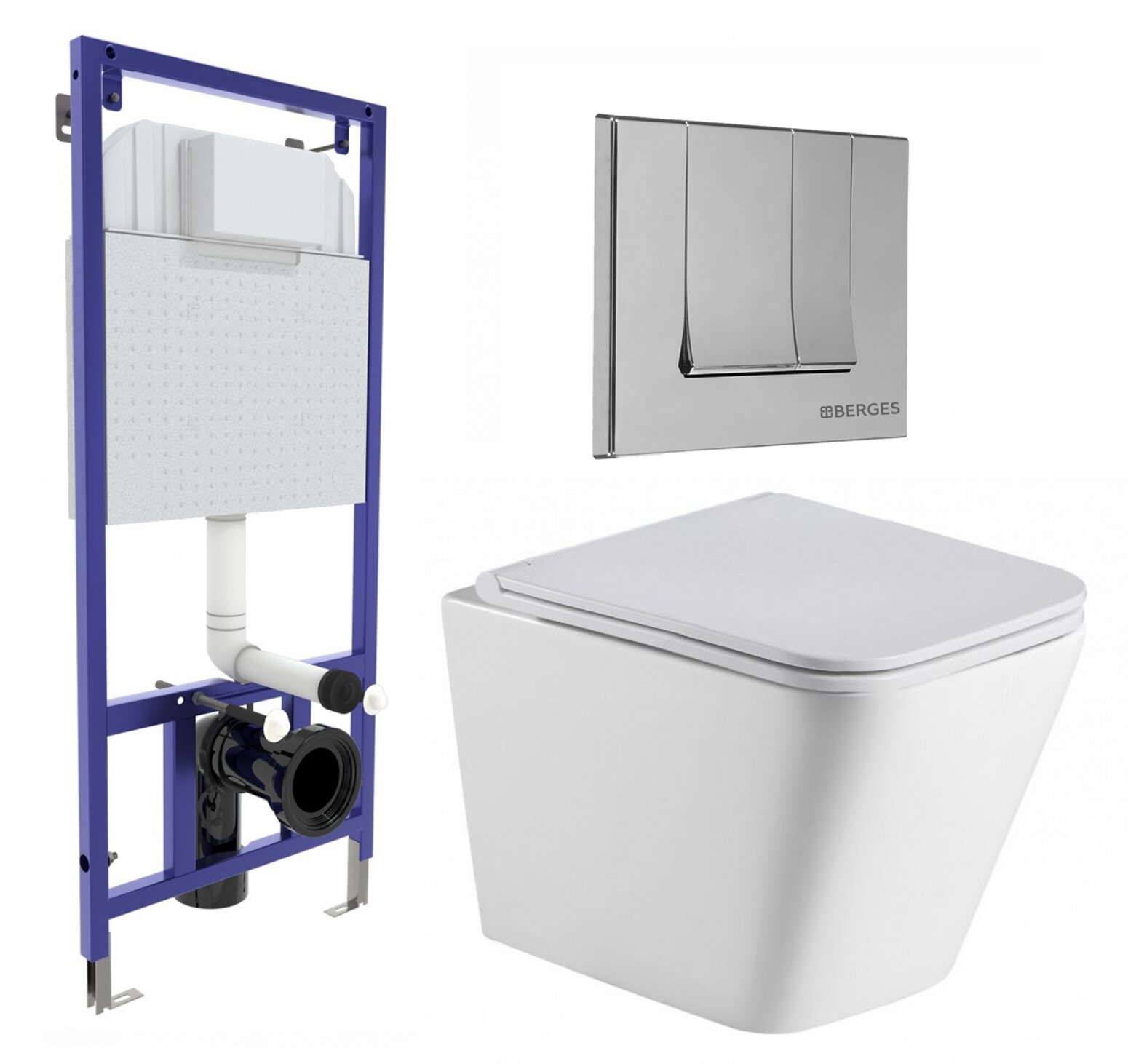 Комплект 3 в 1 инсталляция Berges Wasserhaus Novum 040243 + Подвесной унитаз WeltWasser Gelbach 043 GL-WT + кнопка хром