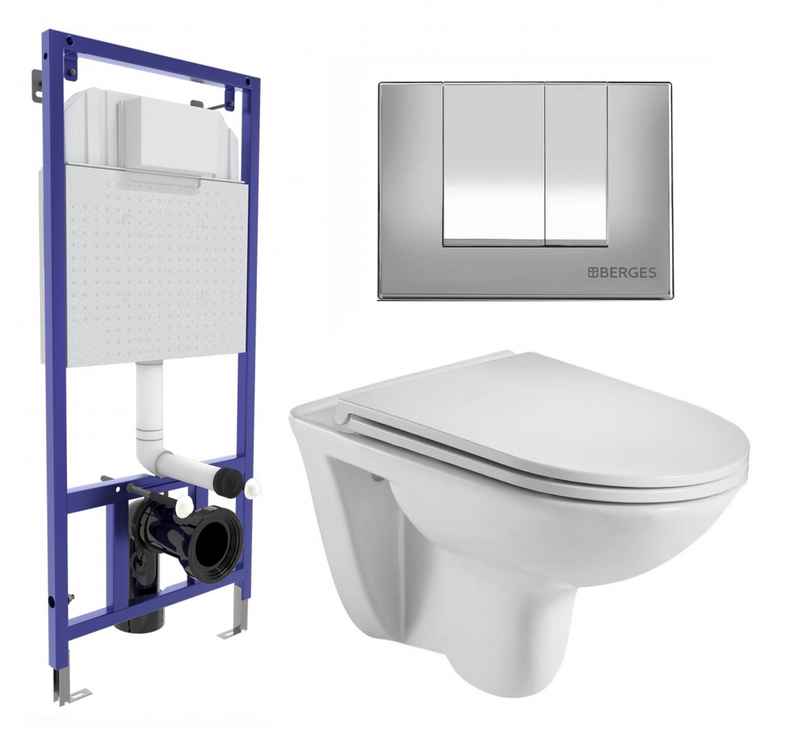 Комплект 3 в 1 инсталляция Berges Wasserhaus Novum 040242 + Подвесной унитаз WeltWasser Baarbach 004 GL-WT + кнопка хром матовая