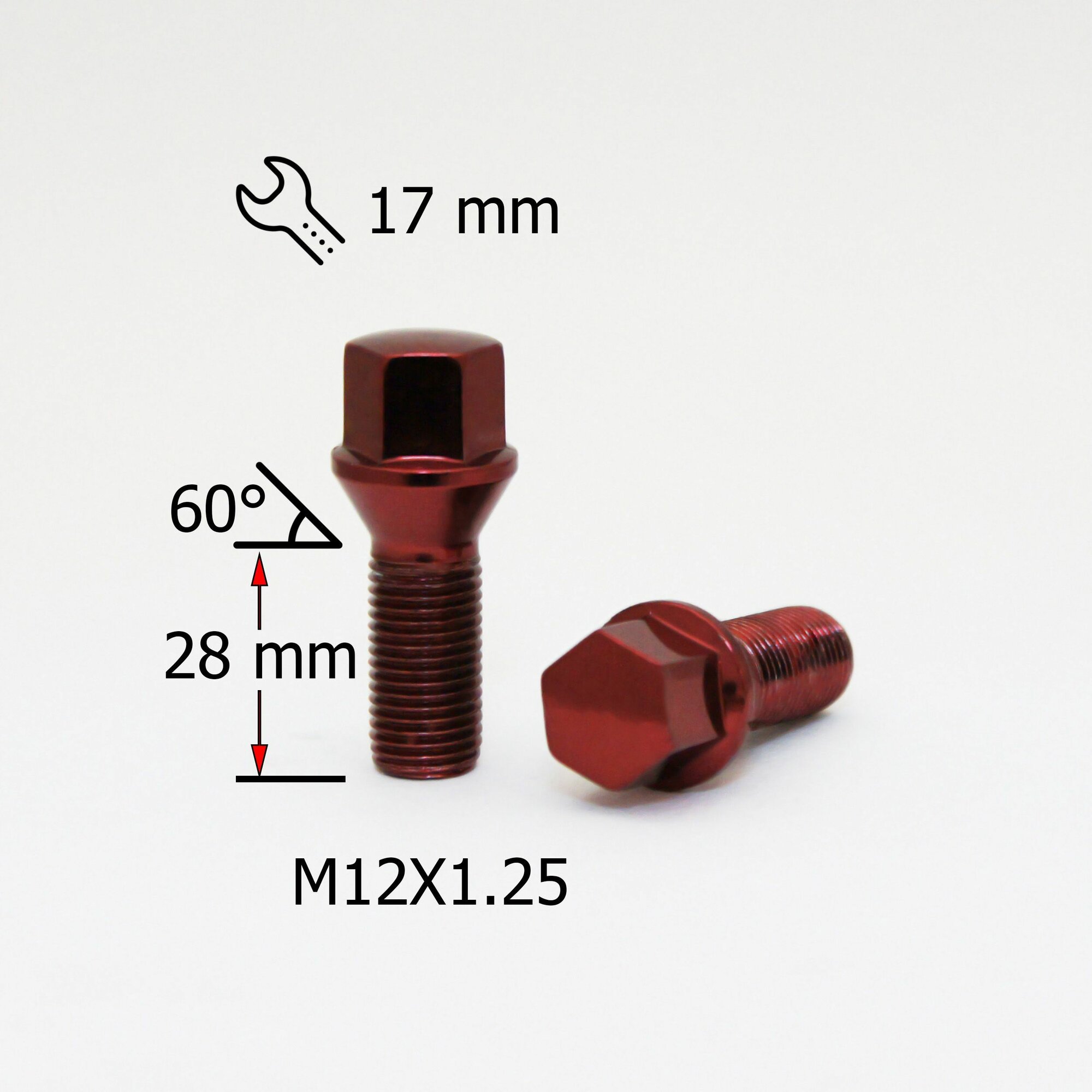 Болт колесный M12x1,25 длина резьбовой части 28мм, конус, ключ 17мм, красный