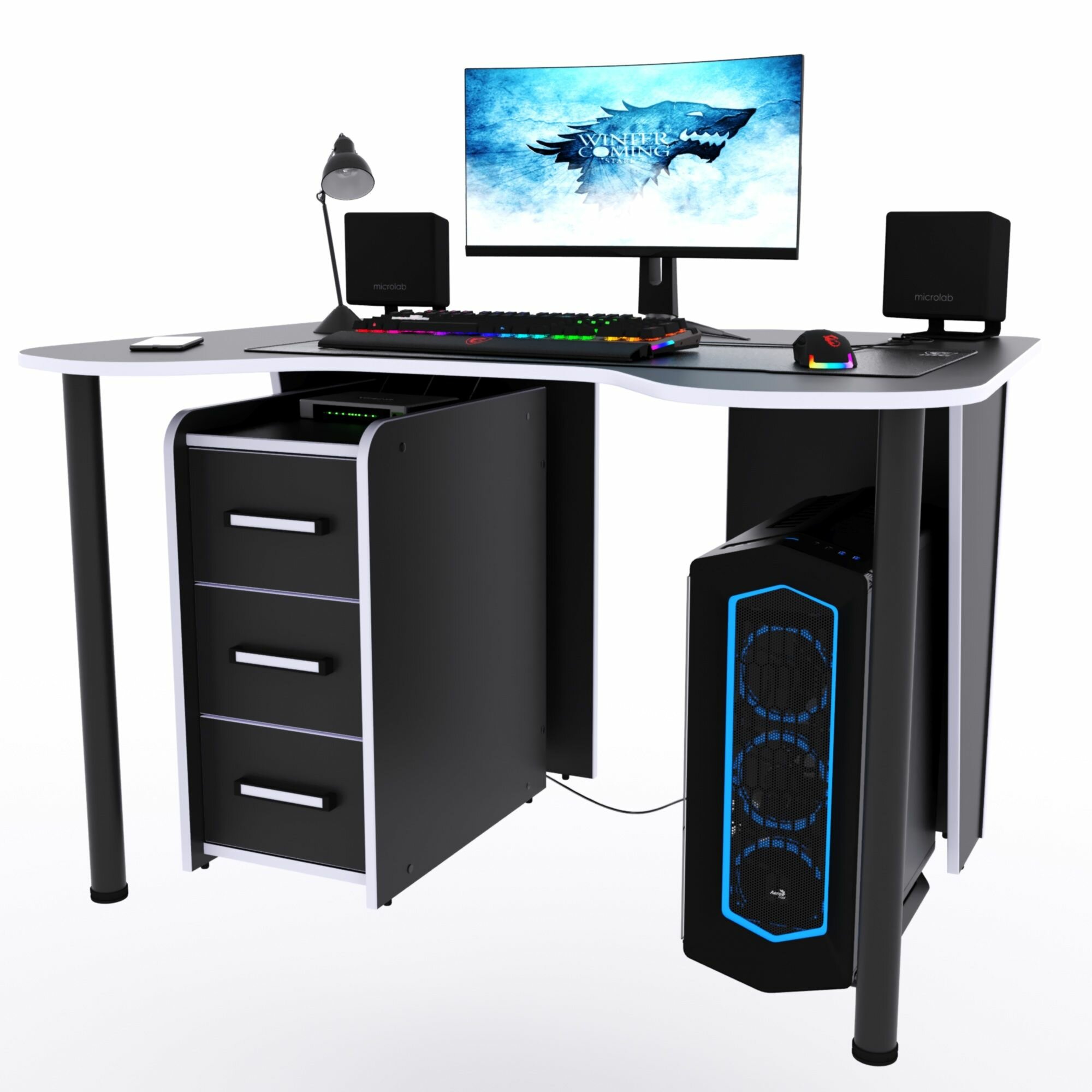 Игровой компьютерный стол "Старк" с тумбой, 140x90x75 см, чёрный с белой кромкой