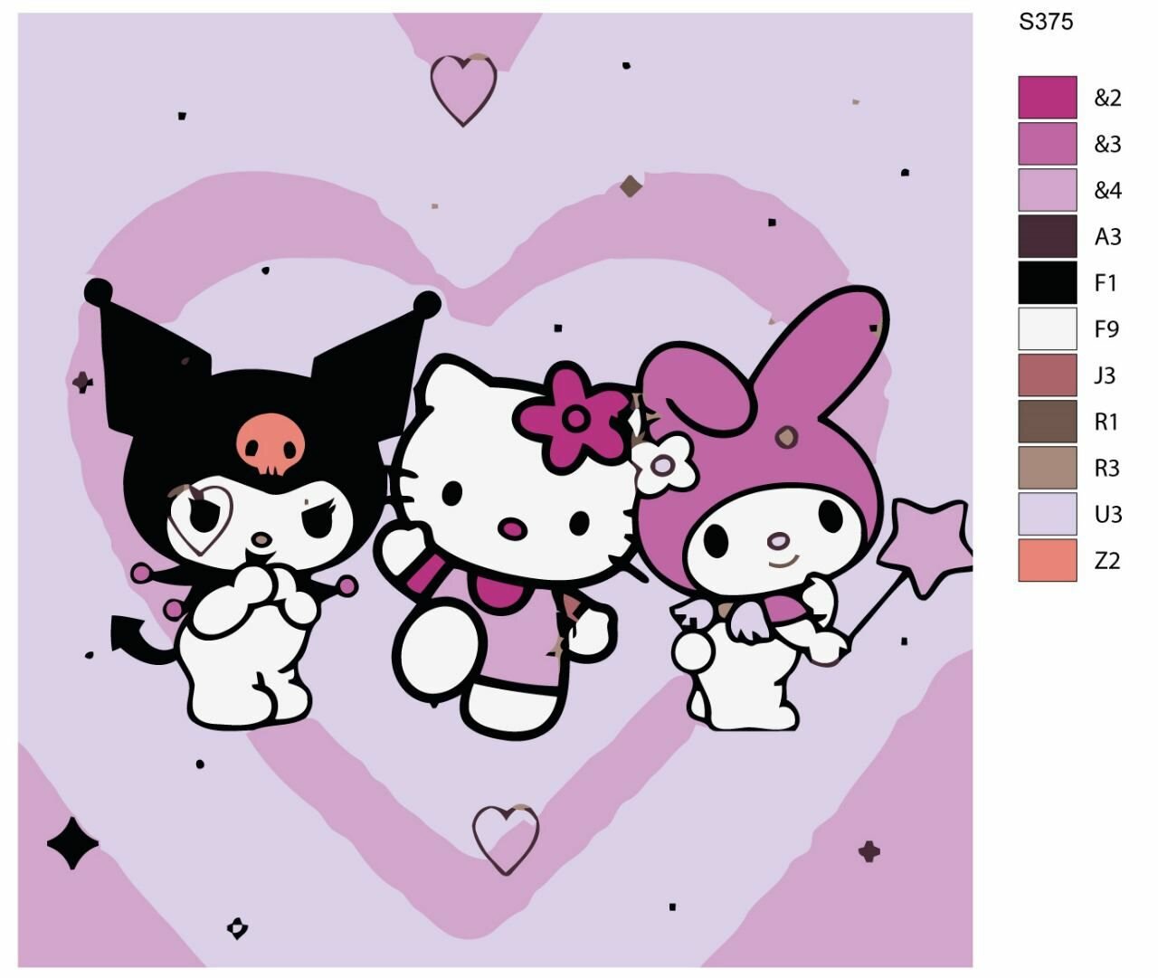 Картина по номерам S375 "Аниме Куроми (Kuromi). Хелло Китти, Куроми и Моя Мелодия" 70x70 см