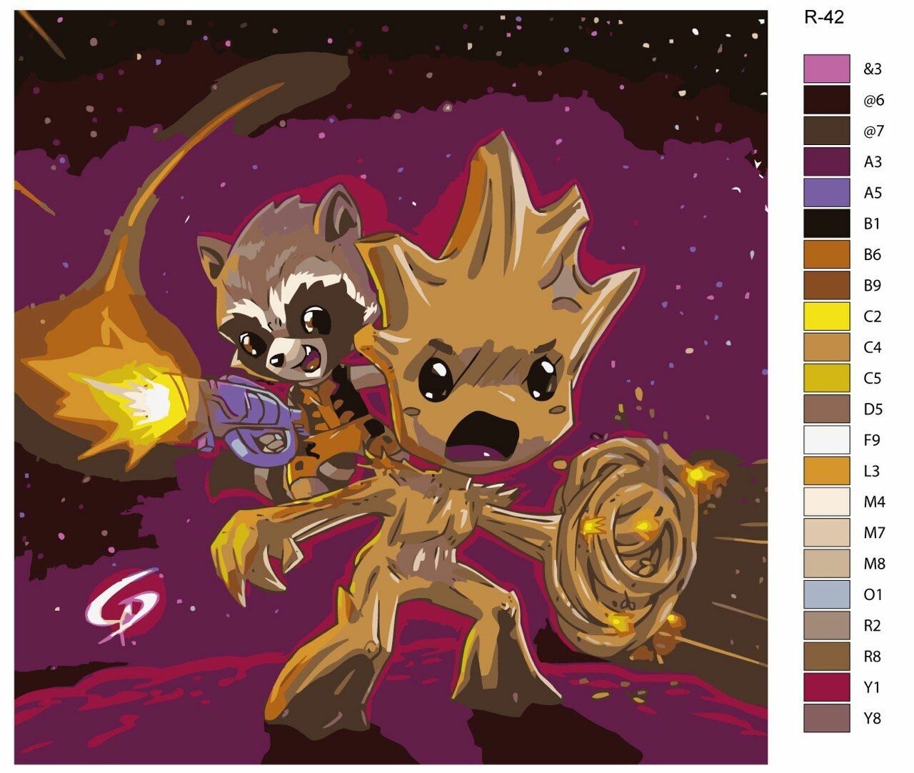 Картина по номерам R-42 "Грут и Енот Ракета" 40x40 см