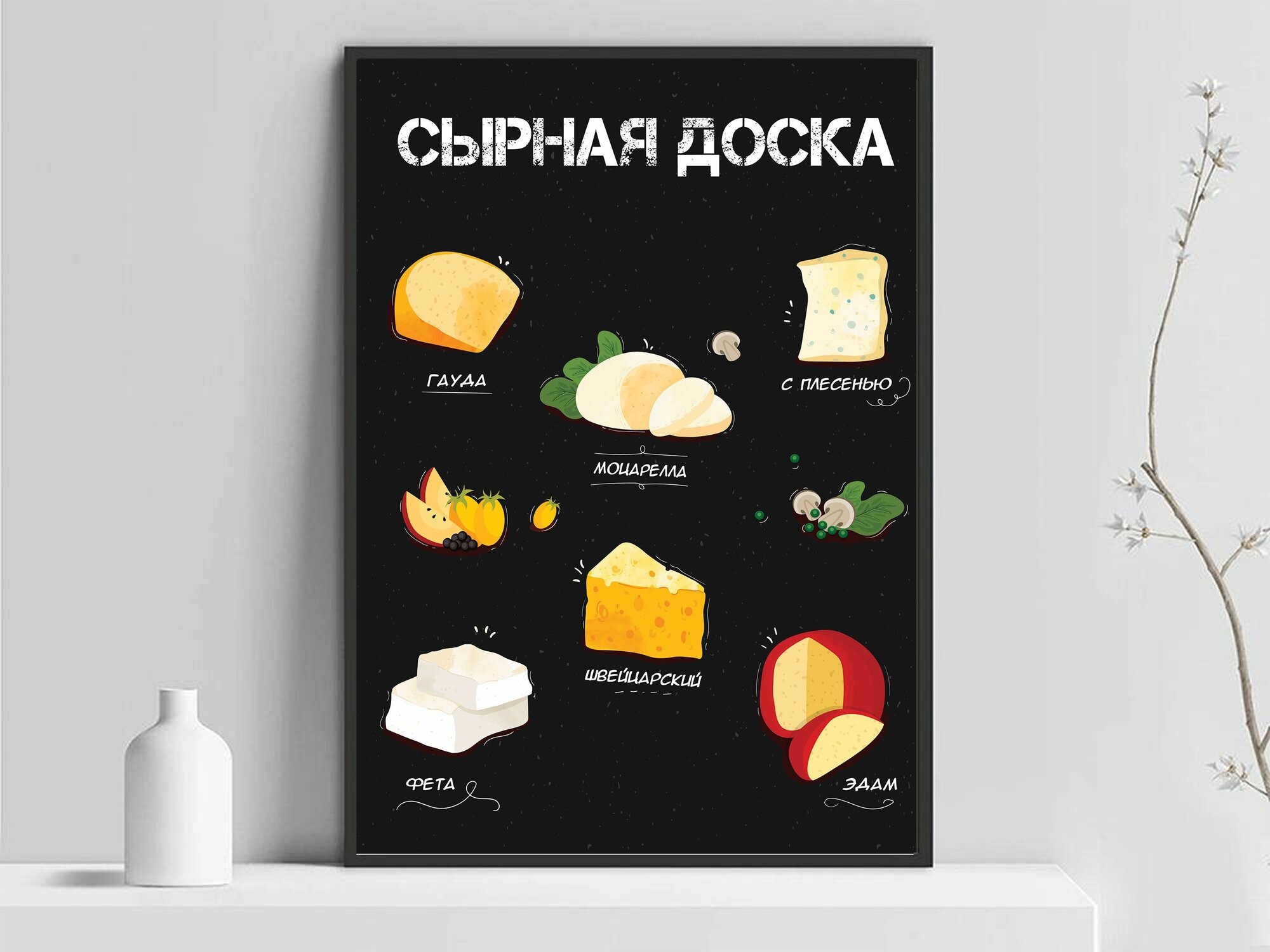 Постер Сыры Винтажный стиль для кухни, размер A2 / Репродукция "Виды сыра" картина для кухни - черный фон
