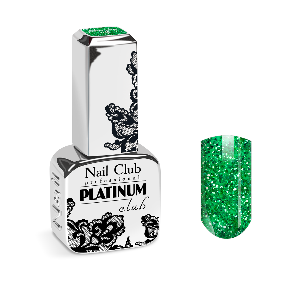 Nail Club Эмалевый гель-лак для ногтей с липким слоем PLATINUM CLUB 140 Glitter Lime, 13 мл.