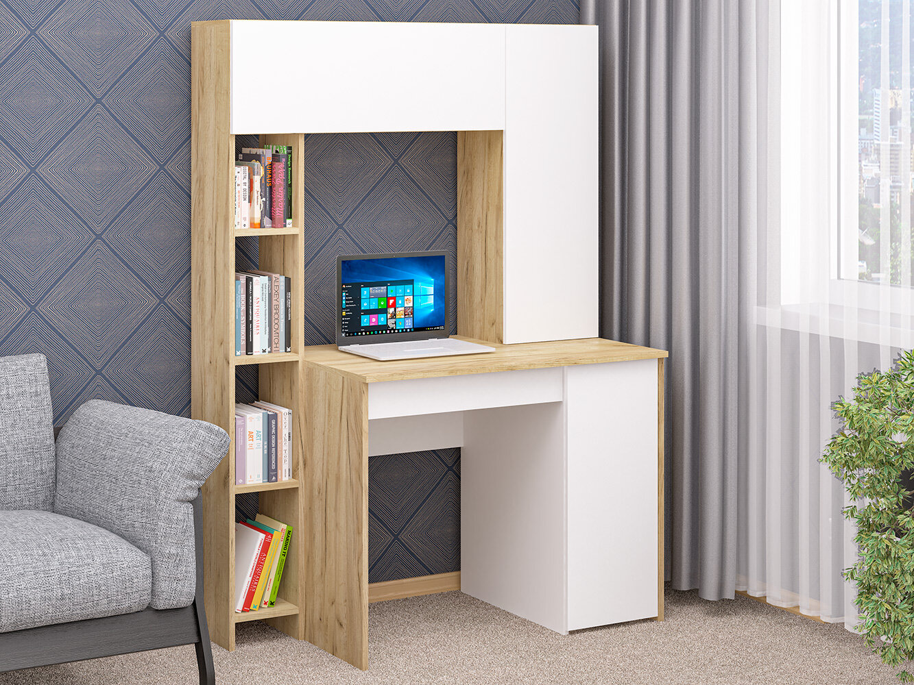 Стол компьютерный МК"Пирамида" СК-64 с надстройкой, цвет крафт золотой/белый, 165х115х60 см