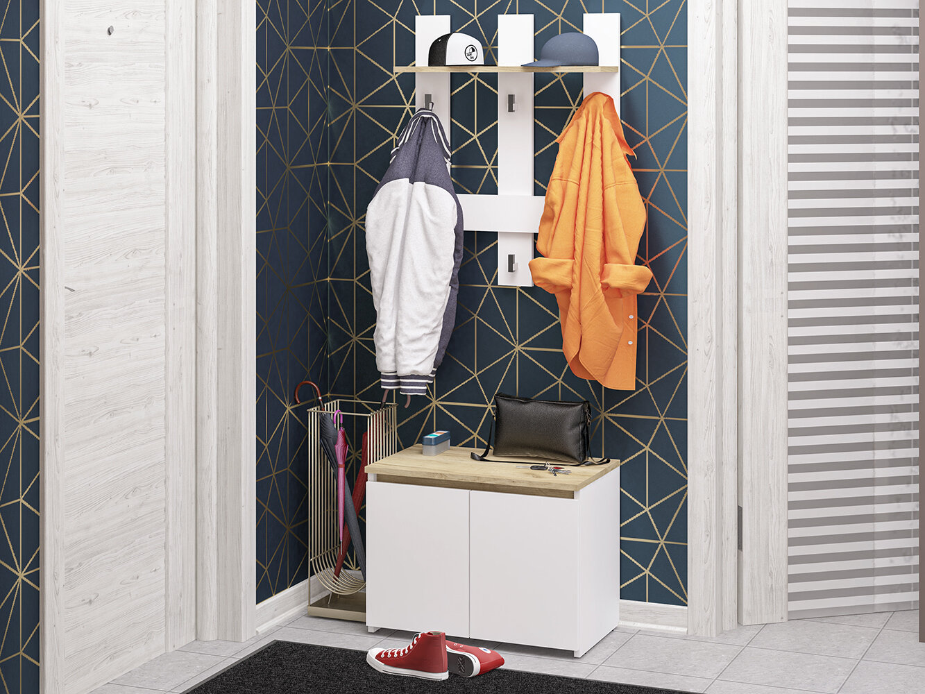 Прихожая МК Пирамида ПР-16, ЛДСП, белая/крафт золотая, 160x60x35 см