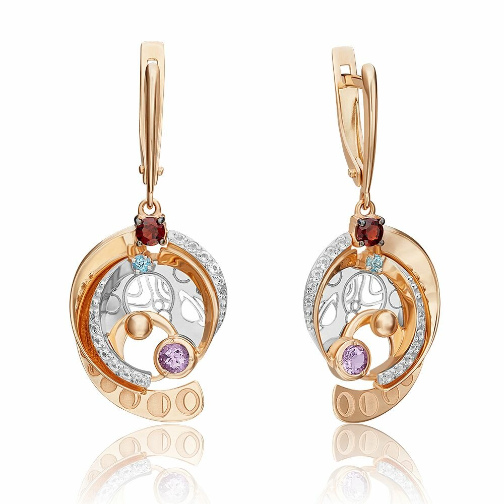 Серьги, комбинированное золото, 585 проба, родирование, гранат, аметист, топаз