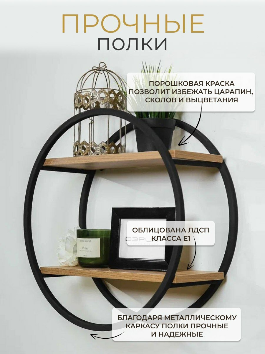 Полка настенная круглая, для интерьера, необычная, черная древесная, Лофт 1шт, 50х50х20