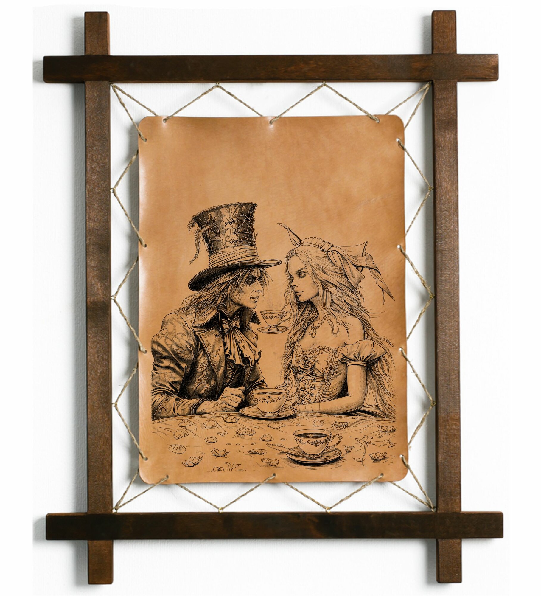 Интерьерная картина из натуральной кожи "Чаепитие с Безумным Шляпником", декоративное настенное панно в деревянной раме, BoomGift