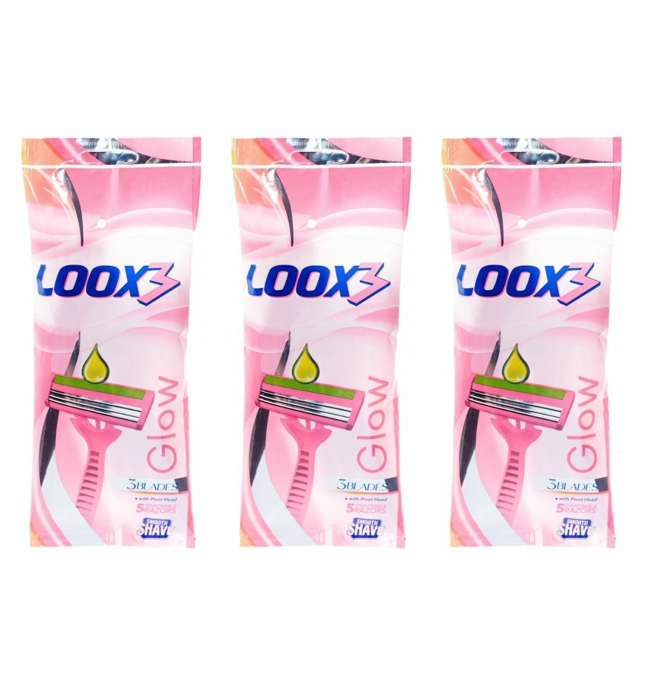 Loox 3 Pink PLATINUM Станки одноразовые, женские,3 лезвия с полоской, 5 шт, 3 упаковки.