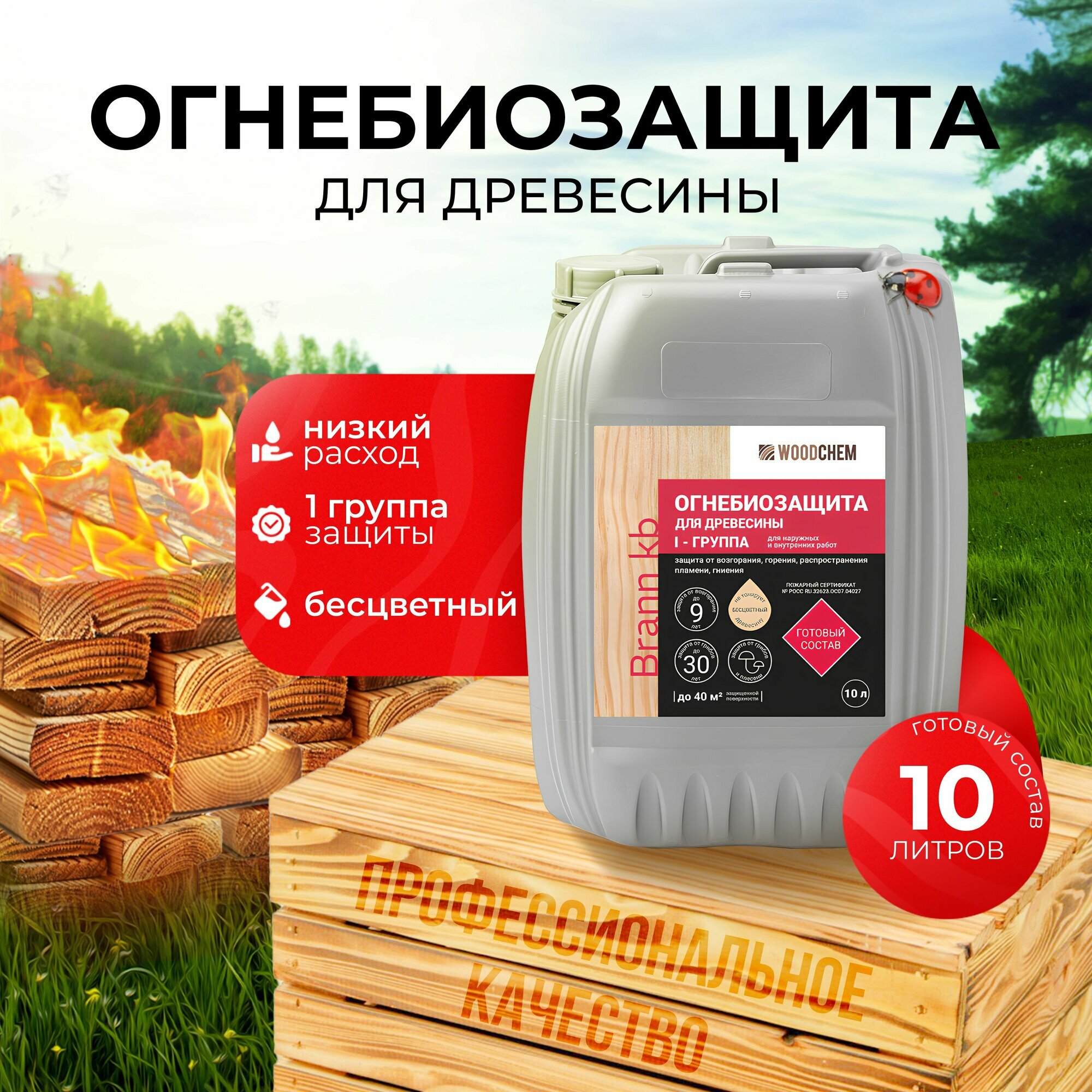 Огнебиозащита - 1 группа (10л или 10 кг) Бесцветный - WoodChem Brann kb для наружных и внутренних работ - Огнебиозащитный готовый состав первой группы.