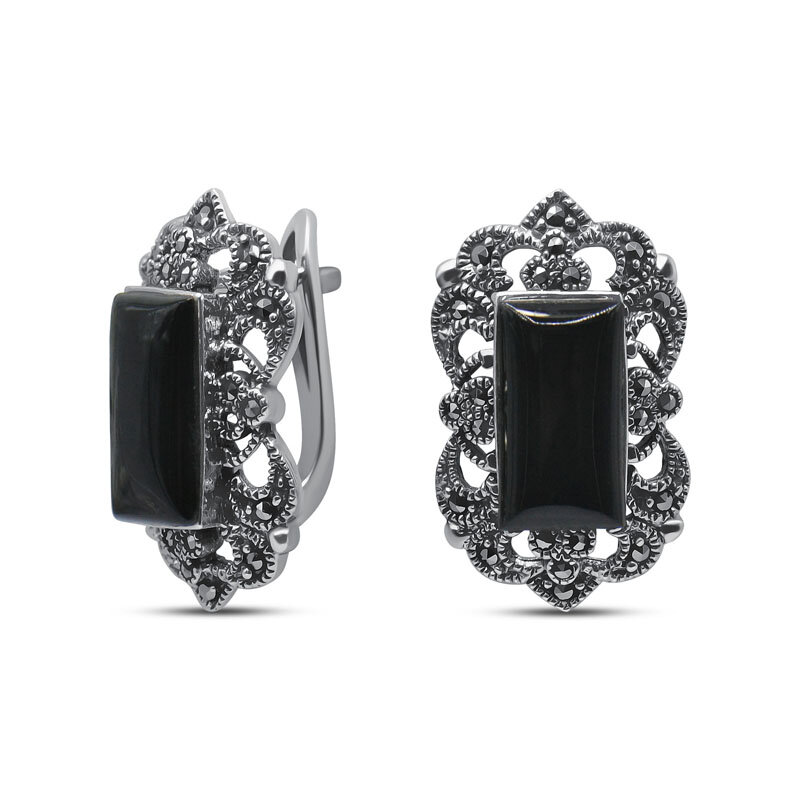 Серьги, серебро, 925 проба, оникс, марказит