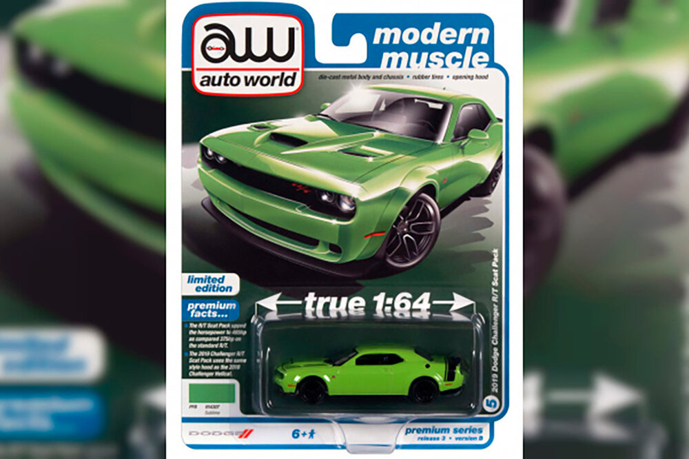 Модель коллекционная AUTO WORLD Dodge challenger r/t (2019) scat pack, sublime (длина модели 6-10 см)