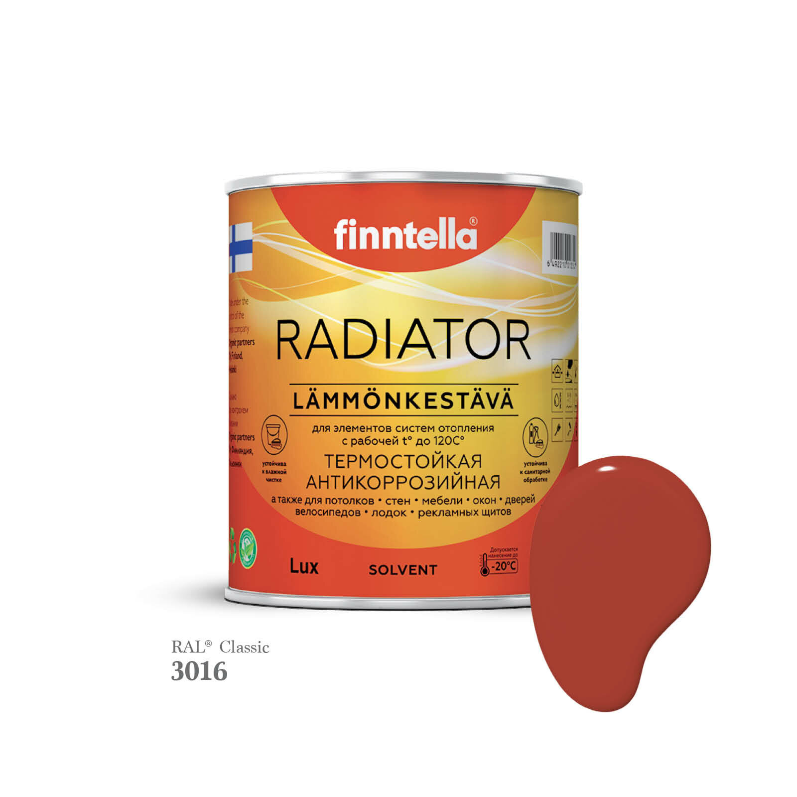 Краска для радиаторов быстросохнущая финская эмаль FINNTELLA RADIATOR, цвет RAL3016 , 0,9л