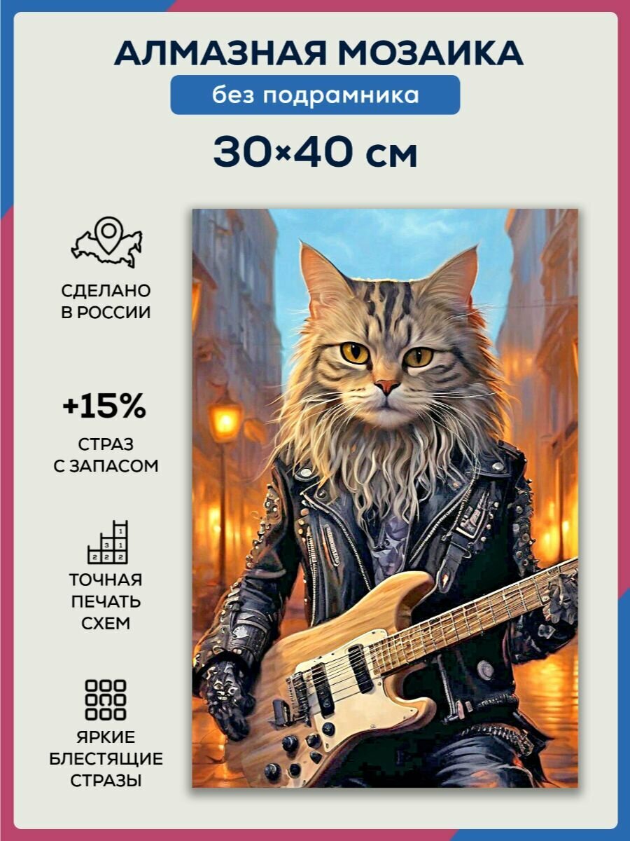 Алмазная мозаика 30x40 Кот - рокер без подрамника