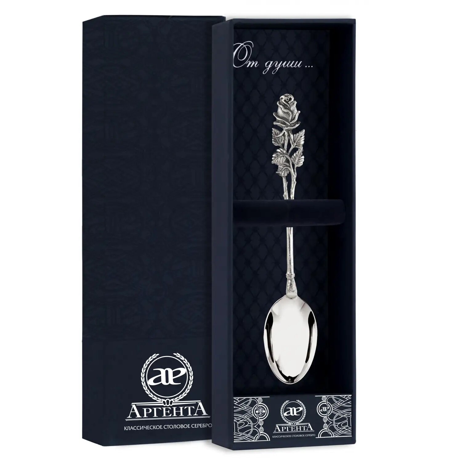 Серебряная чайная ложка Роза литая с чернением