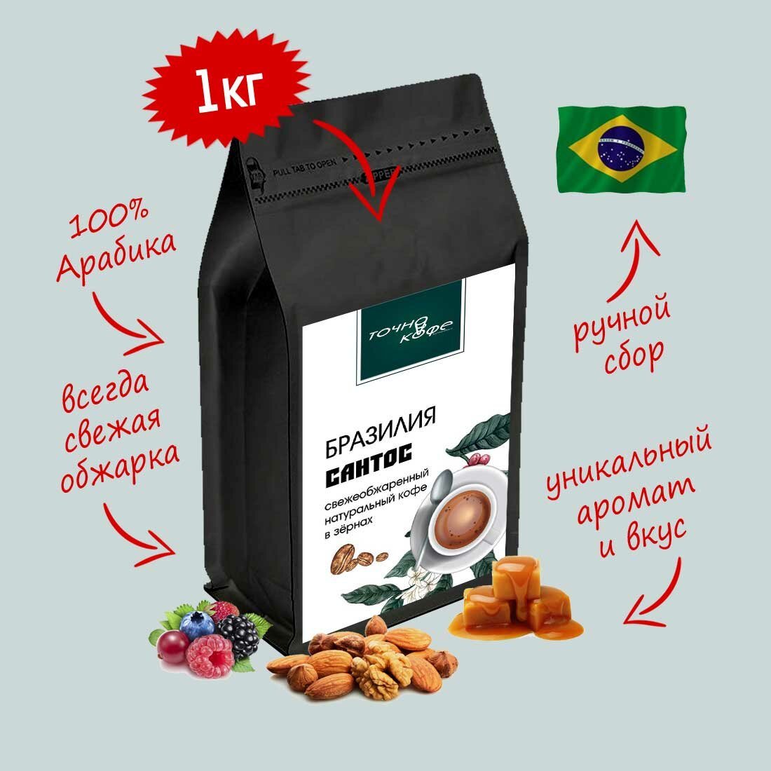 Кофе свежей обжарки в зёрнах Арабика Бразилия Сантос 1кг.