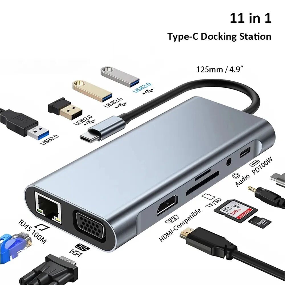 Док-станция Type-C 11 в 1 HDMI VGA USB 100M