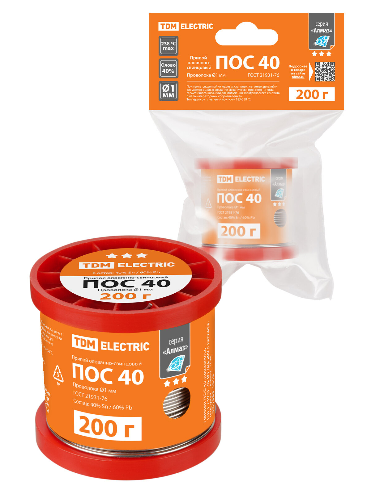 Припой ПОС 40, проволока, ГОСТ 21931-76, Ø1 мм, 200 г, катушка, инд. упак, "Алмаз" TDM
