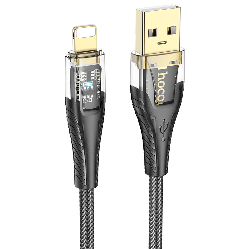 USB дата кабель Lightning, HOCO, U121, 1.2м, прозрачный черный