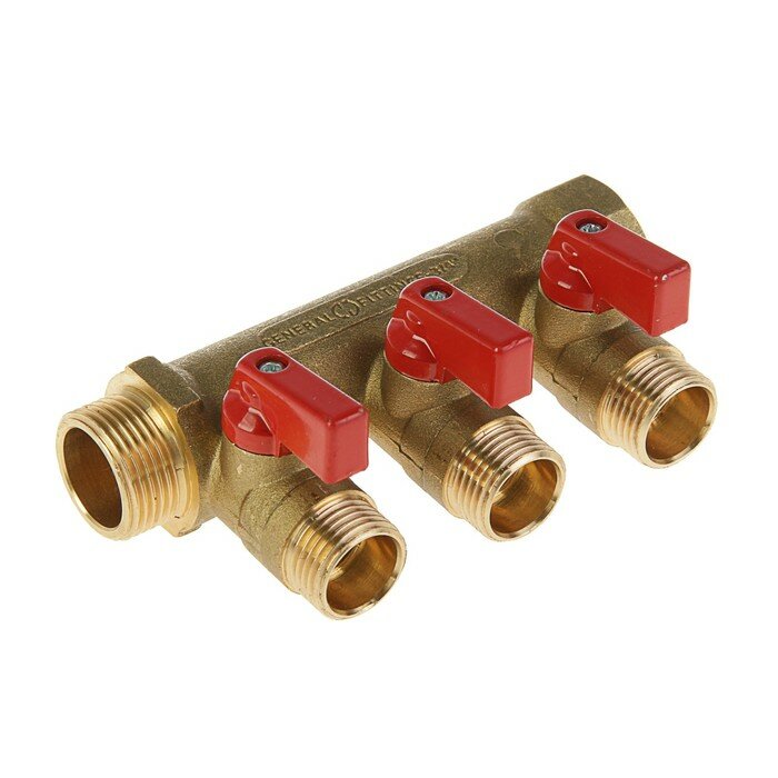 Коллектор 3/4"вр/нр х1/2"нр (3 выхода) GF (красный) с шаровыми отсекающими кранами, латунь, для труб металлопласт, сшитого полиэтилена
