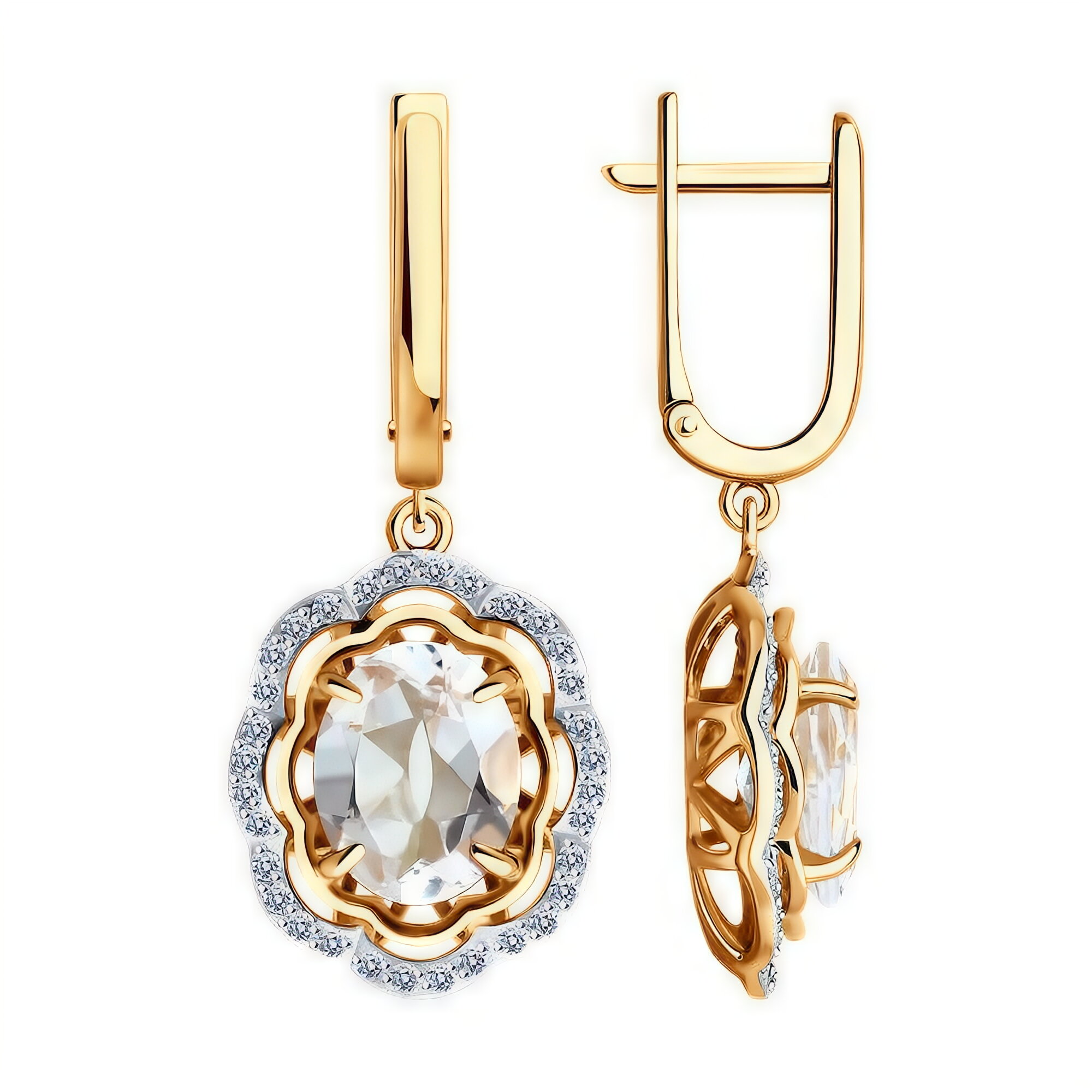 Серьги, красное золото, 585 проба, горный хрусталь, фианит