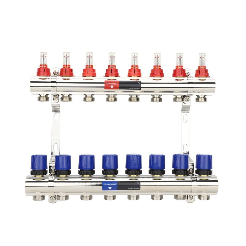 Varmega Коллектор С расходомерами без кранов латунь 1", 8 выходов х 3/4"EK (1/4)